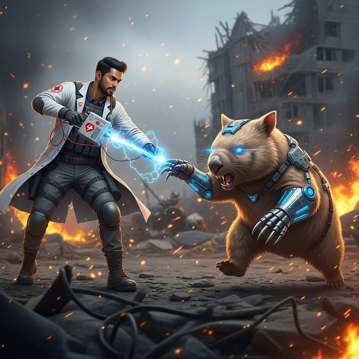 Epic Battle: Hacker Doctor vs. Wombat in Chaos | AI Art Generator ...