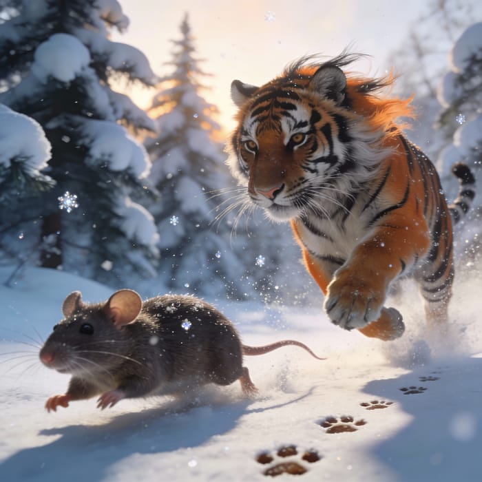 Majestic Tiger Pursuing Giant Mouse in Snowy Landscape | AI Art ...