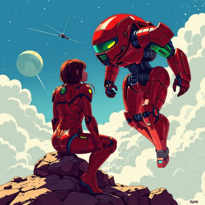 Samus Aran and Metroid - Tranquil Sky Scene | AI Art Generator | Easy ...