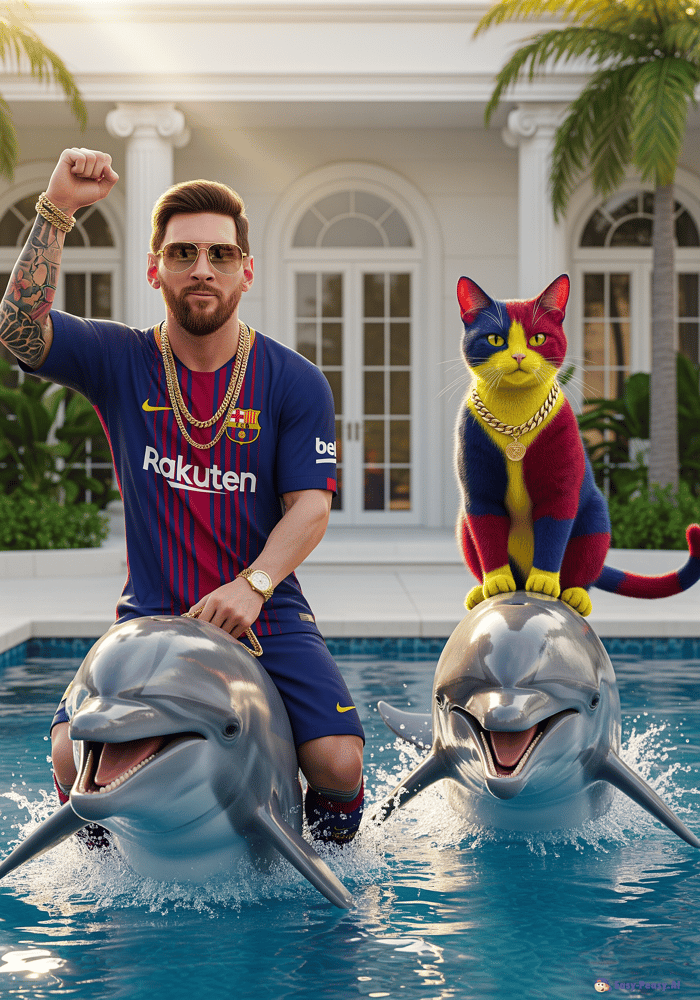 Hyper-Realistic Messi at Luxurious Poolside Mansion | AI Art Generator ...