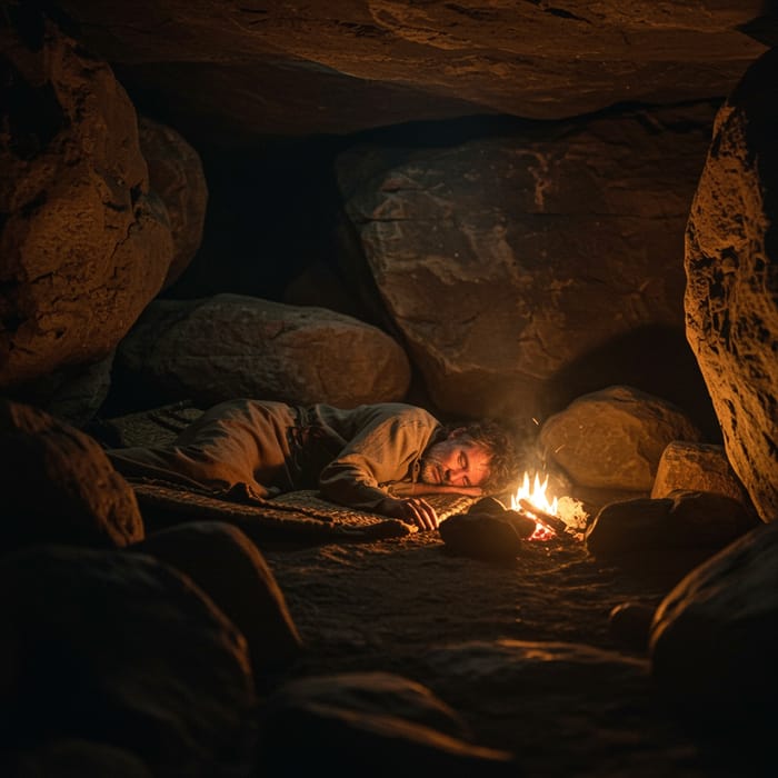 Man Sleeping in Cave with Small Fire | AI Art Generator | Easy-Peasy.AI