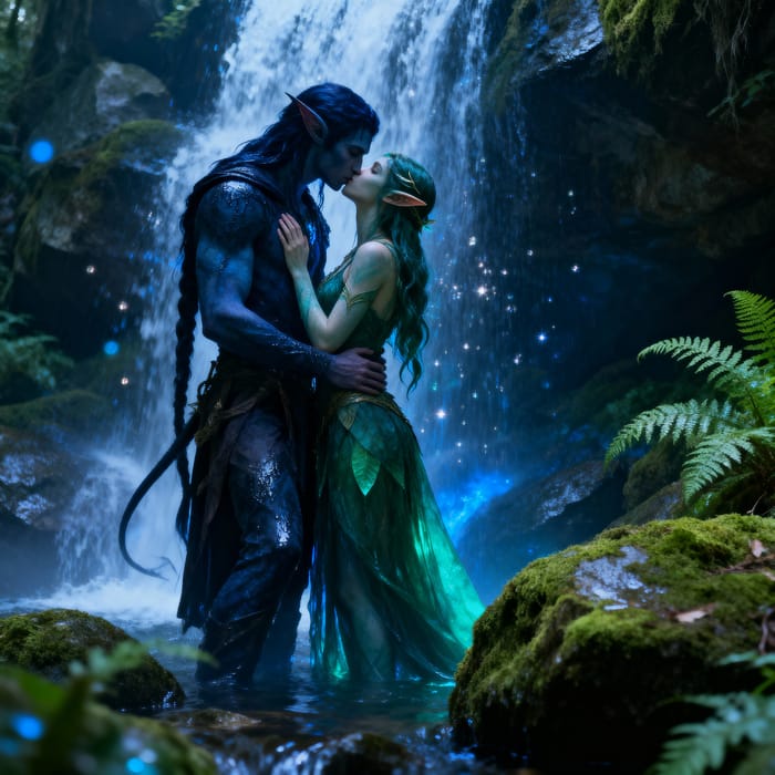 Dark Elf and Forest Elf Romance | AI Art Generator | Easy-Peasy.AI