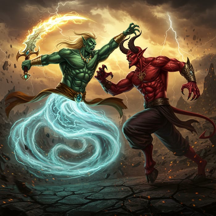 Muscular Genie vs. Muscular Demon Fight | AI Art Generator | Easy-Peasy.AI
