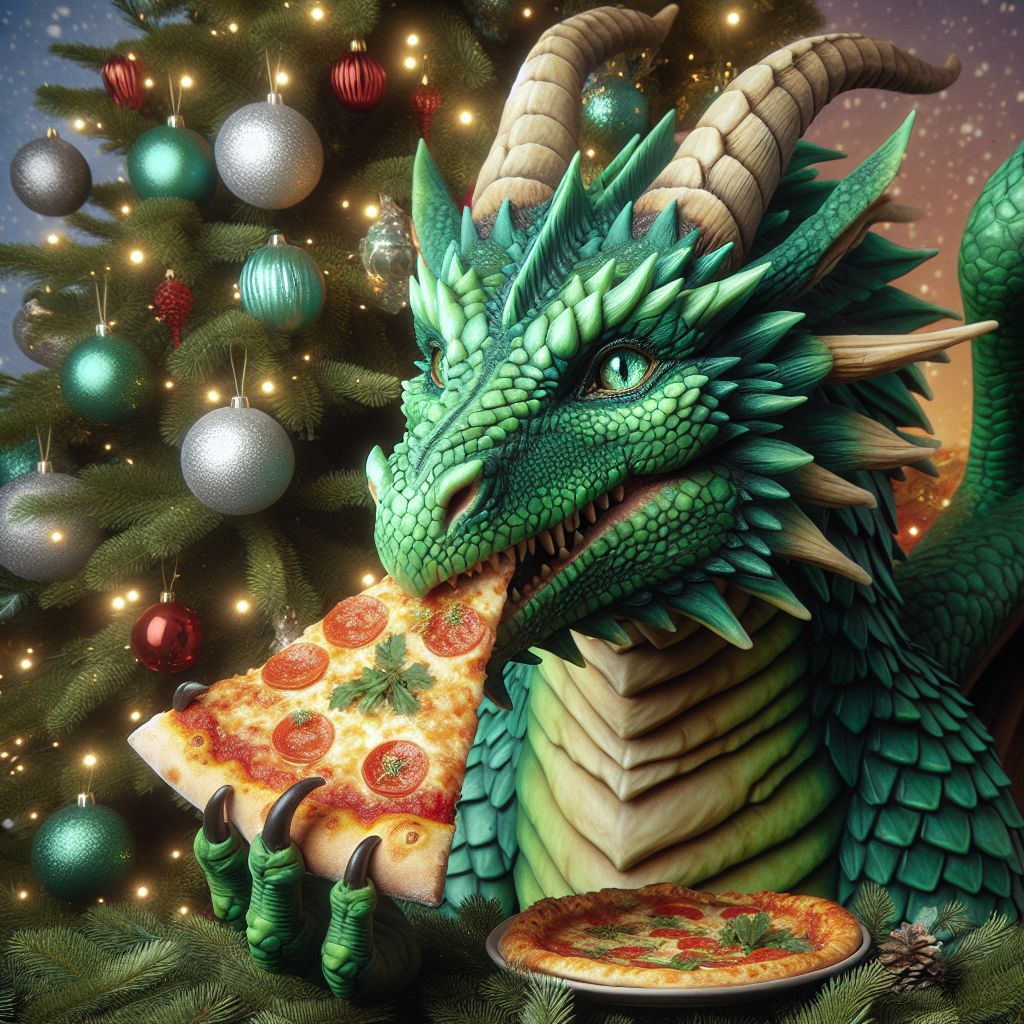Emerald Dragon Enjoying Pizza with Christmas Tree Background | AI Art ...