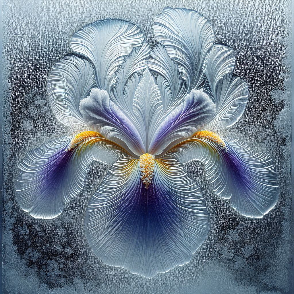 Iris Flower Pattern Etched in Frosted Glass - Winter Bloom | AI Art Generator | Easy-Peasy.AI