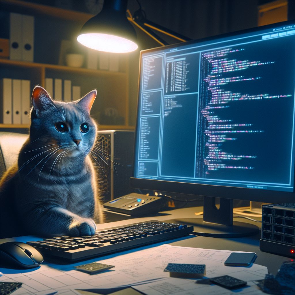 Grey Cat Hacking Computer in Dimly Lit Room | Code Kitty Scene | AI Art ...