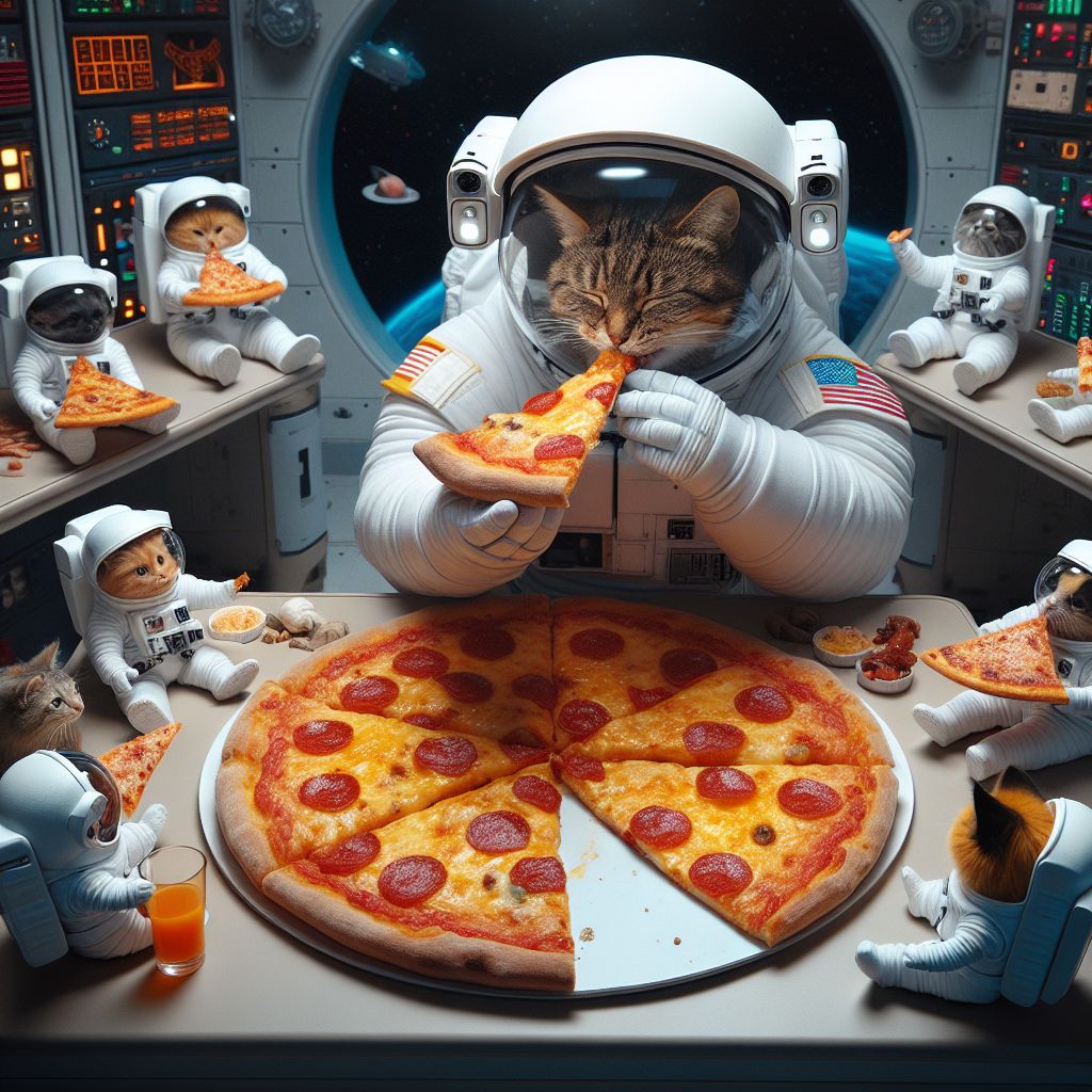 Space Pizza Party: Cat Astronaut and Friends Enjoying Pizza in Spaceship | AI Art Generator ...