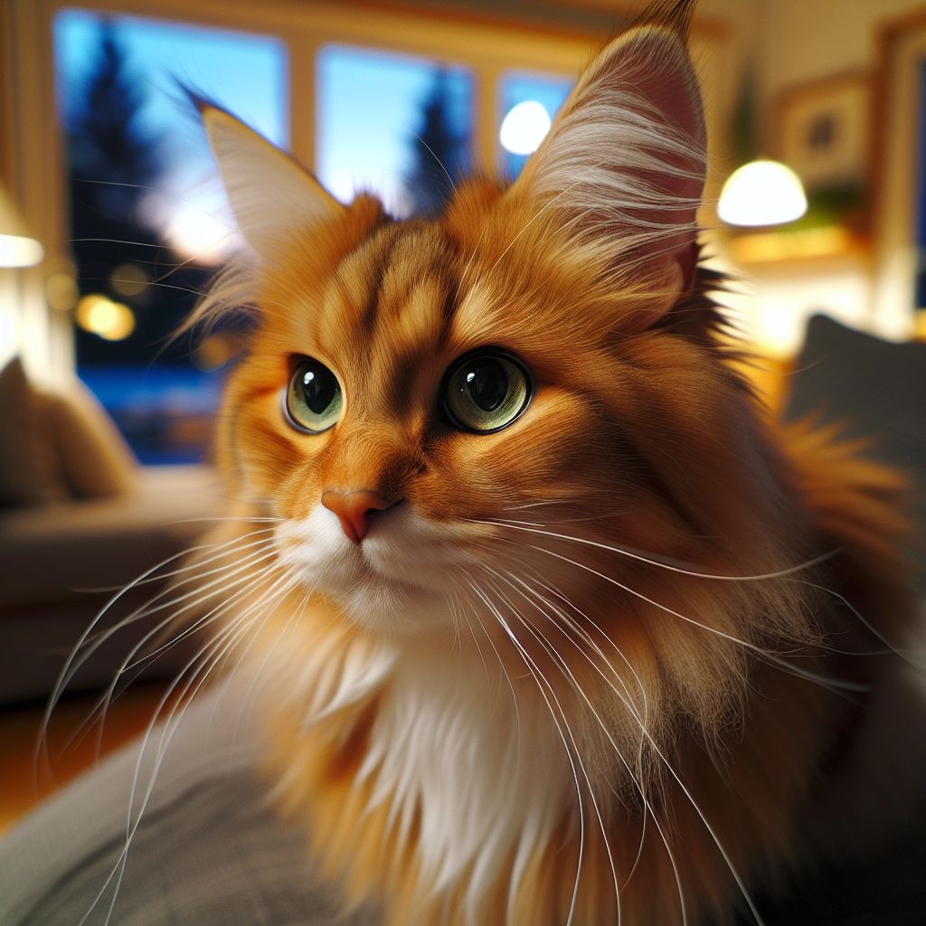 Short Bushy Orange Cat with Emerald Green Eyes in Cozy Setting | AI Art ...