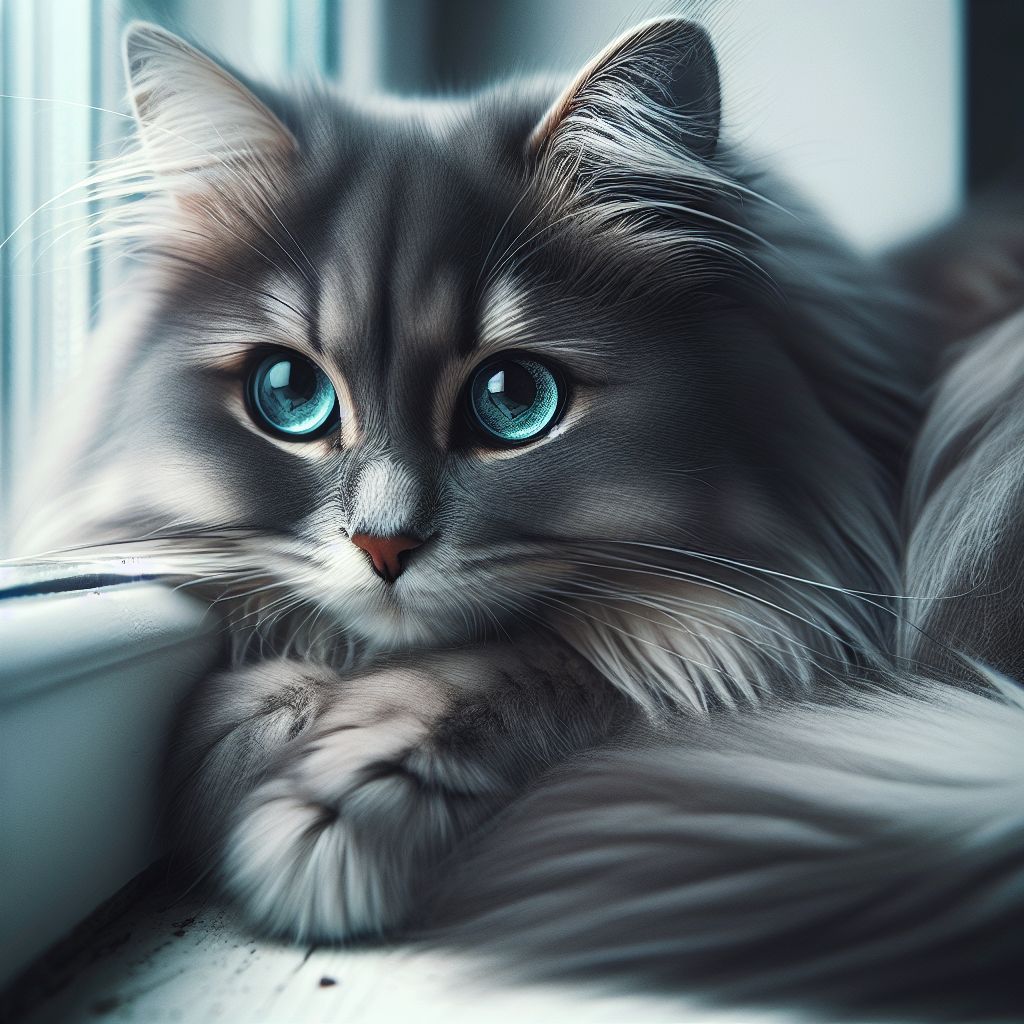 Grey Cat with Shimmering Cyan Eyes Sitting on Window Sill | AI Art ...