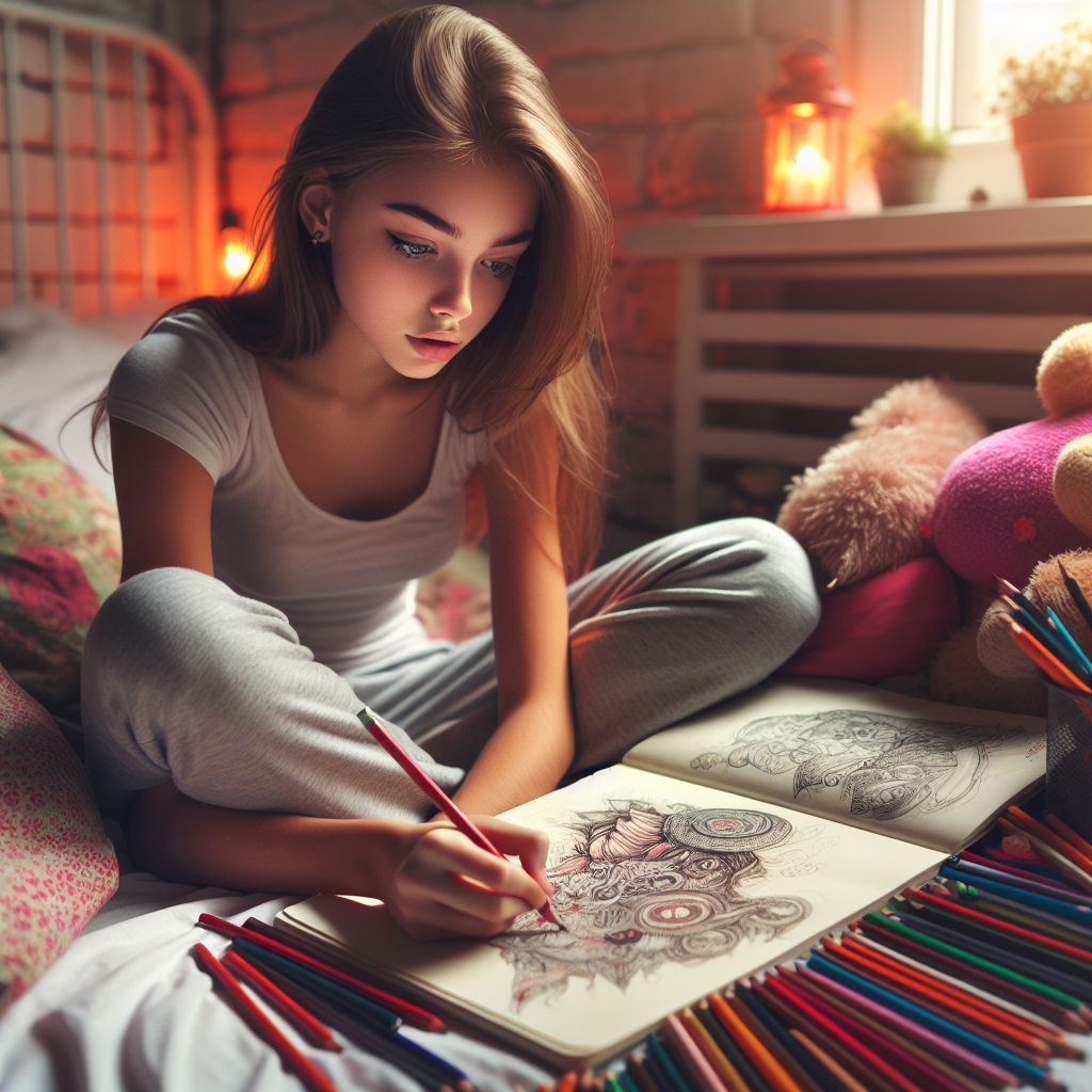Talented Girl Artist Drawing Intricate Sketches in Cozy Room | AI Art ...