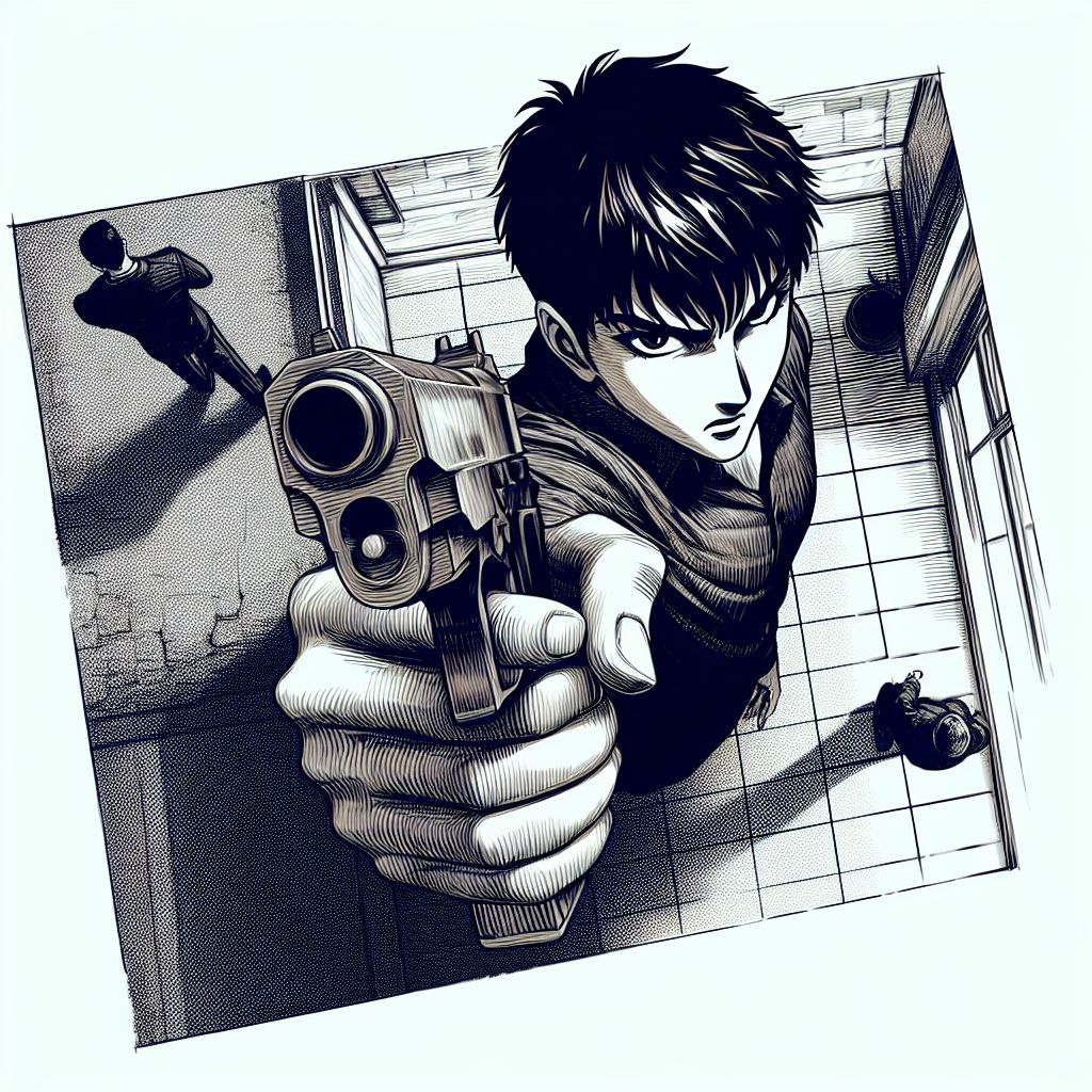 Intense Hand-Drawn Anime Scene with Male Character Holding Firearm | AI ...