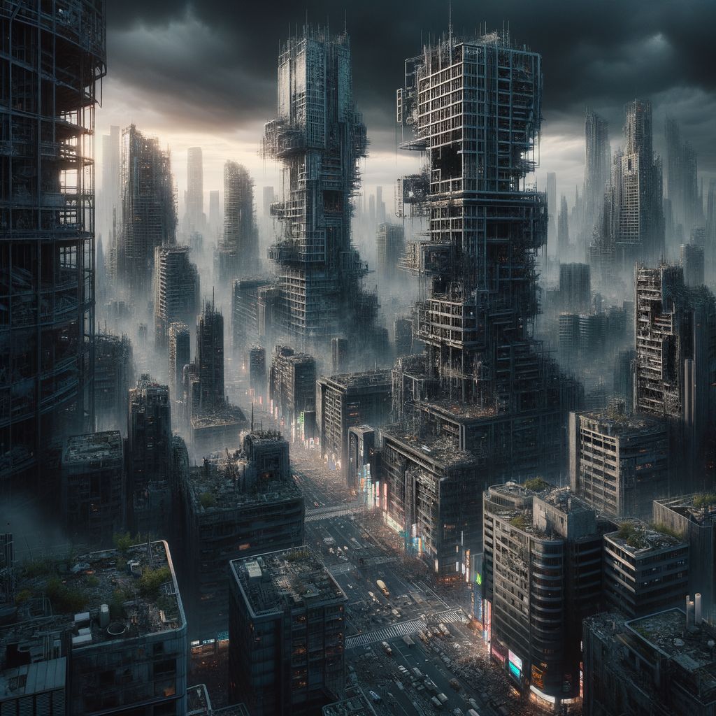 Dystopian Cityscape: Decaying High-Rises & Shadowy Figures | AI Art ...