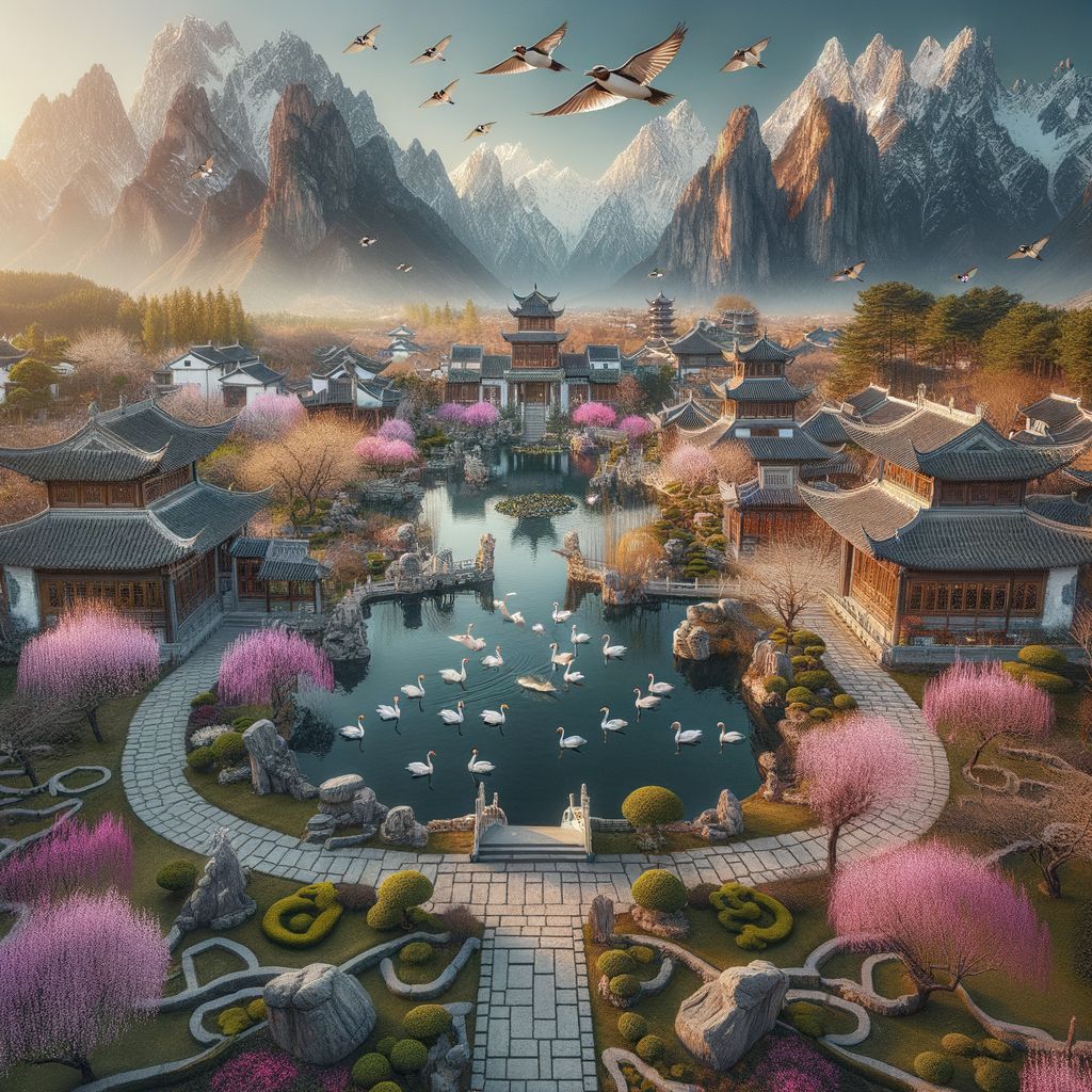 Ancient Chinese Estate | Snow-Capped Mountains & Plum Blossoms | AI Art ...