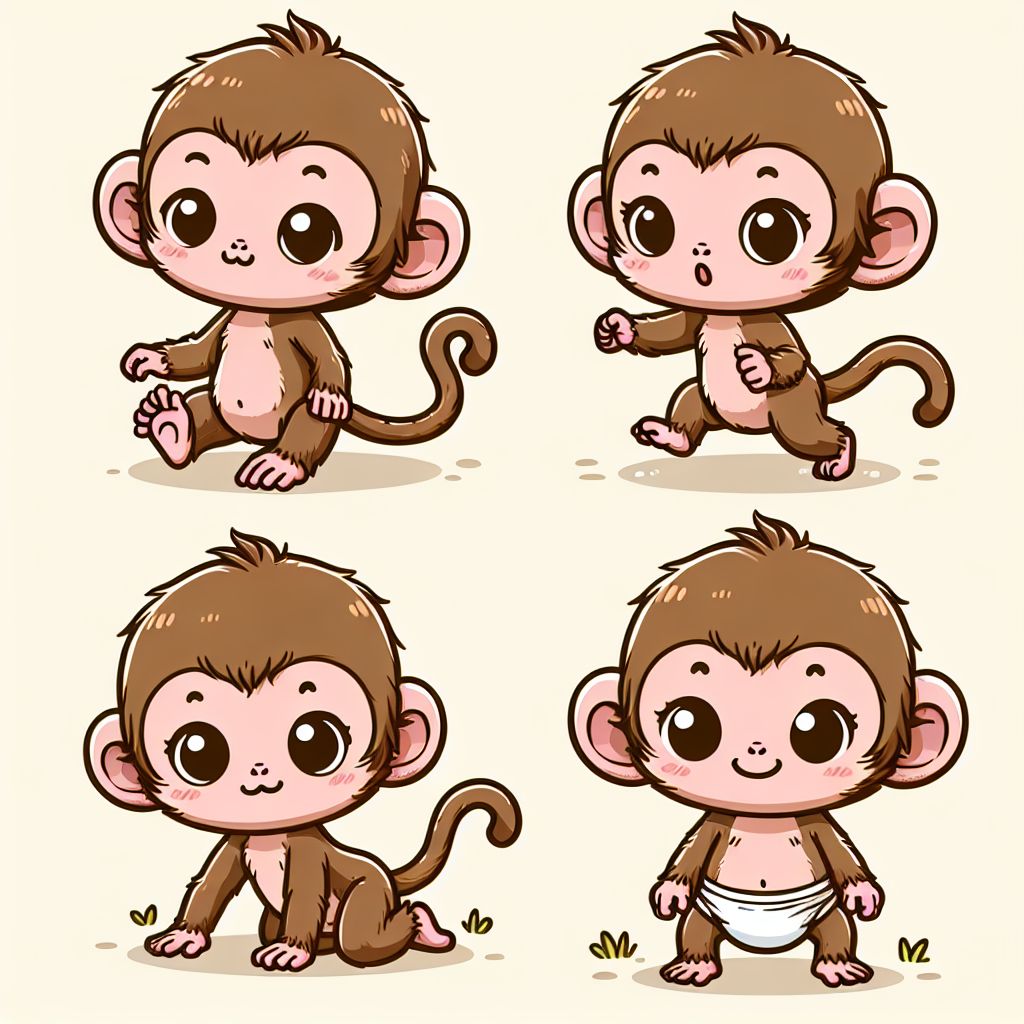 Cute Baby Monkey Vector Illustration in Diverse Poses | AI Art ...