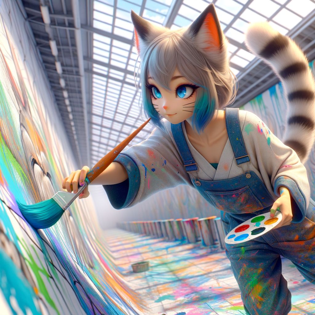 Asian Cat-Esque Girl Painting Mural with Vibrant Blue Brush | AI Art ...