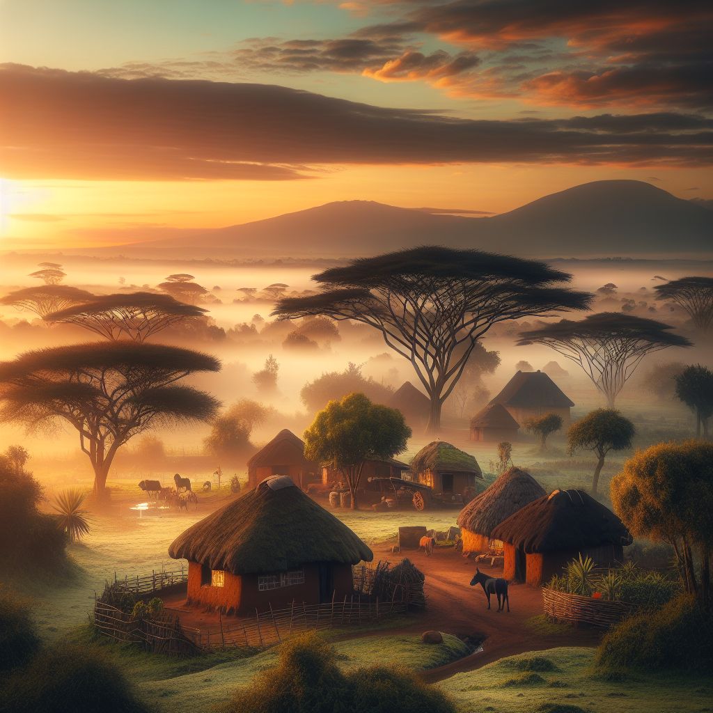 Tranquil Rural Scene in Kenya at Dawn | AI Art Generator | Easy-Peasy.AI