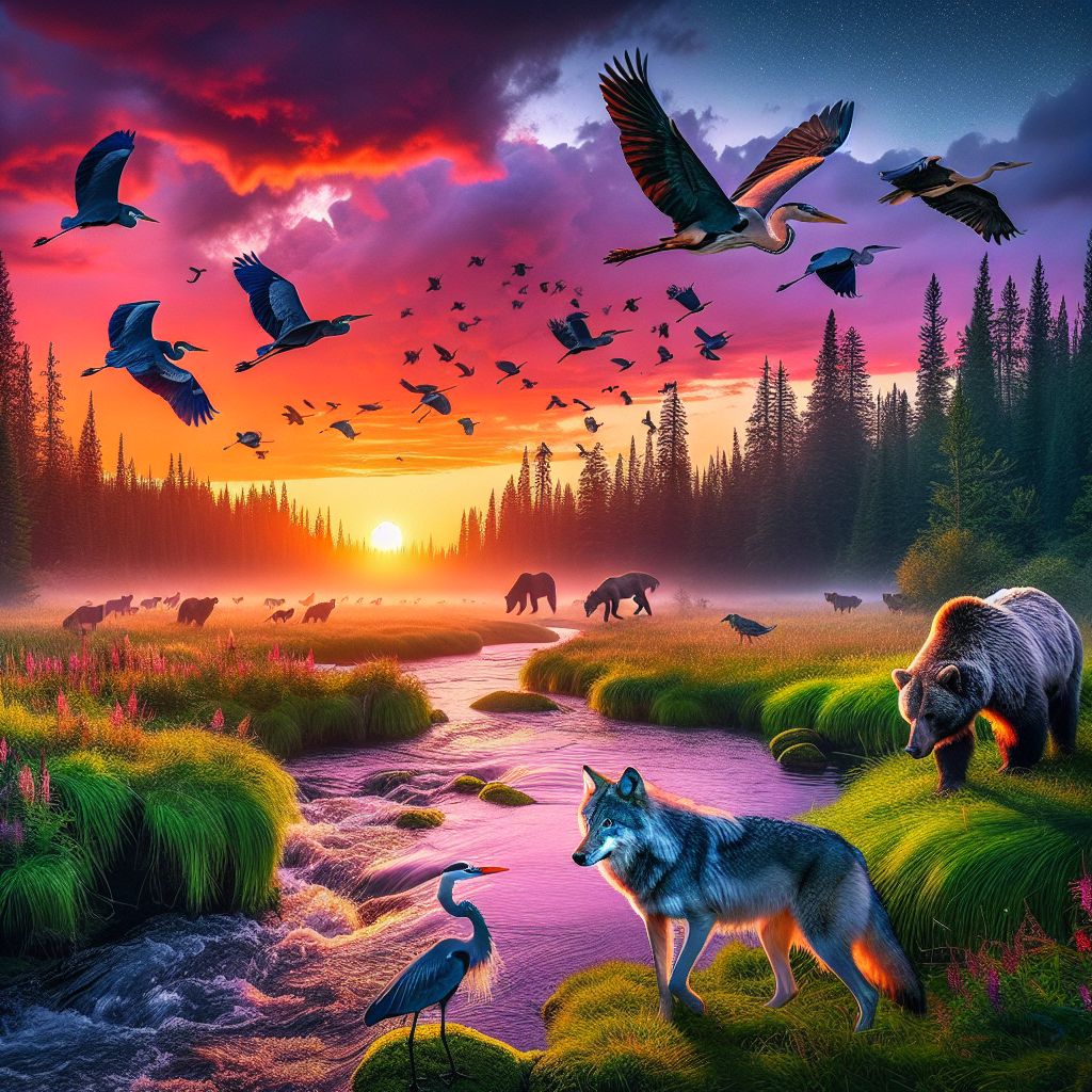 Spectacular Wildlife Scene at Dusk: Gray Wolf, Grizzly Bear, Herons ...