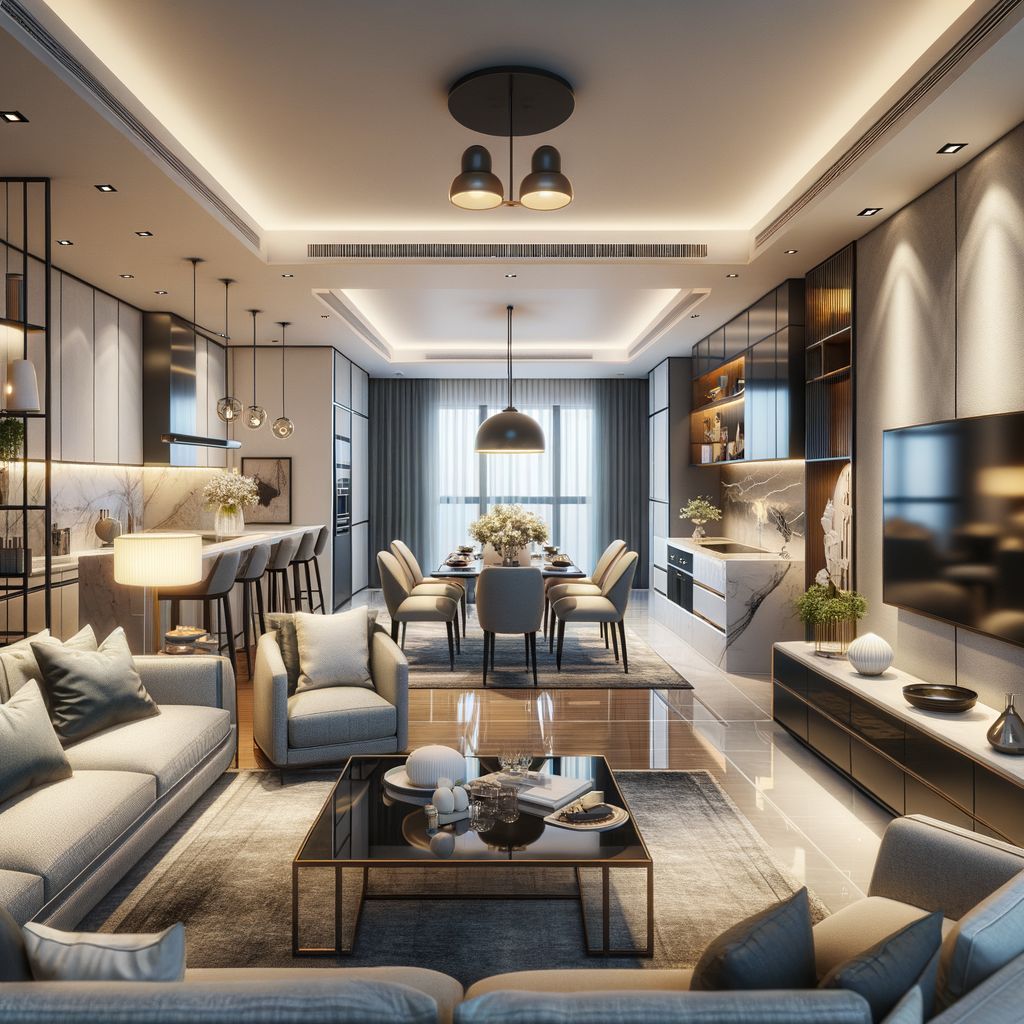 Modern Living Room Design with Entertainment Area, Dining Space, and ...