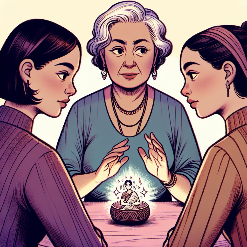 Latin American Woman Conducting Traditional Ritual with Two Teenagers ...