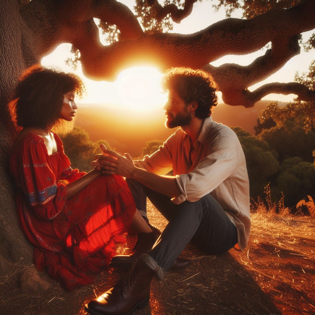 Intimate Sunset Conversation Under Ancient Oak Tree | AI Art Generator ...