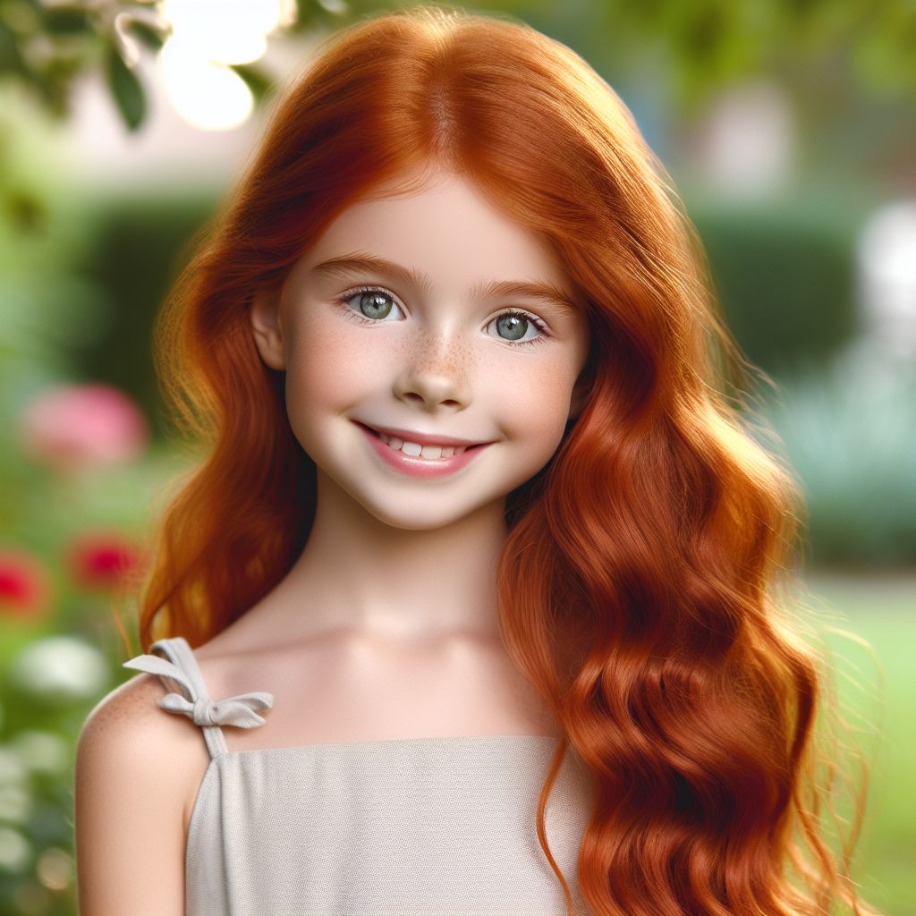 Vibrant Red-Haired 10-Year-Old Girl in Serene Garden | AI Art Generator | Easy-Peasy.AI