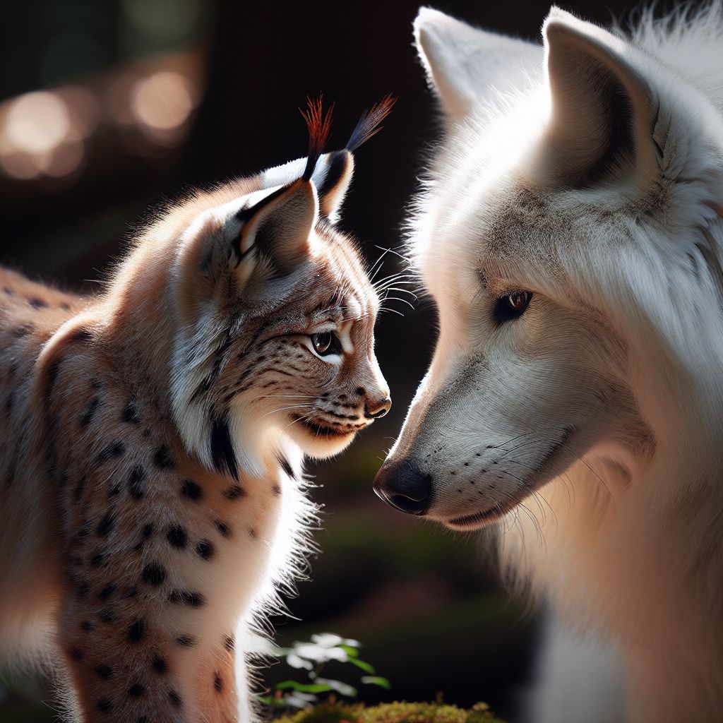Petite Lynx and White Wolf: Intimate Moment in Forest | AI Art ...