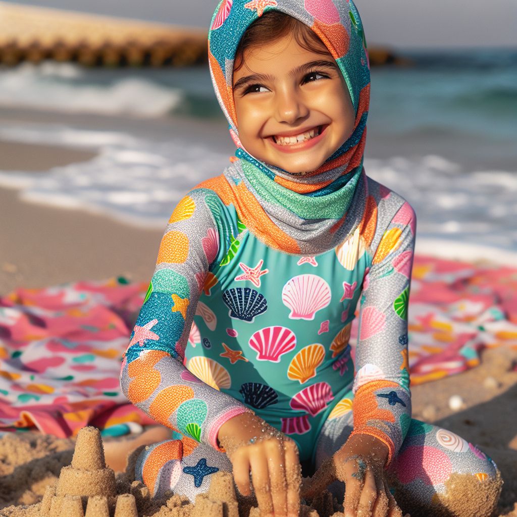 Colorful Seashell Swimsuit: Joyful Beach Day for 8-Year-Old Girl | AI ...
