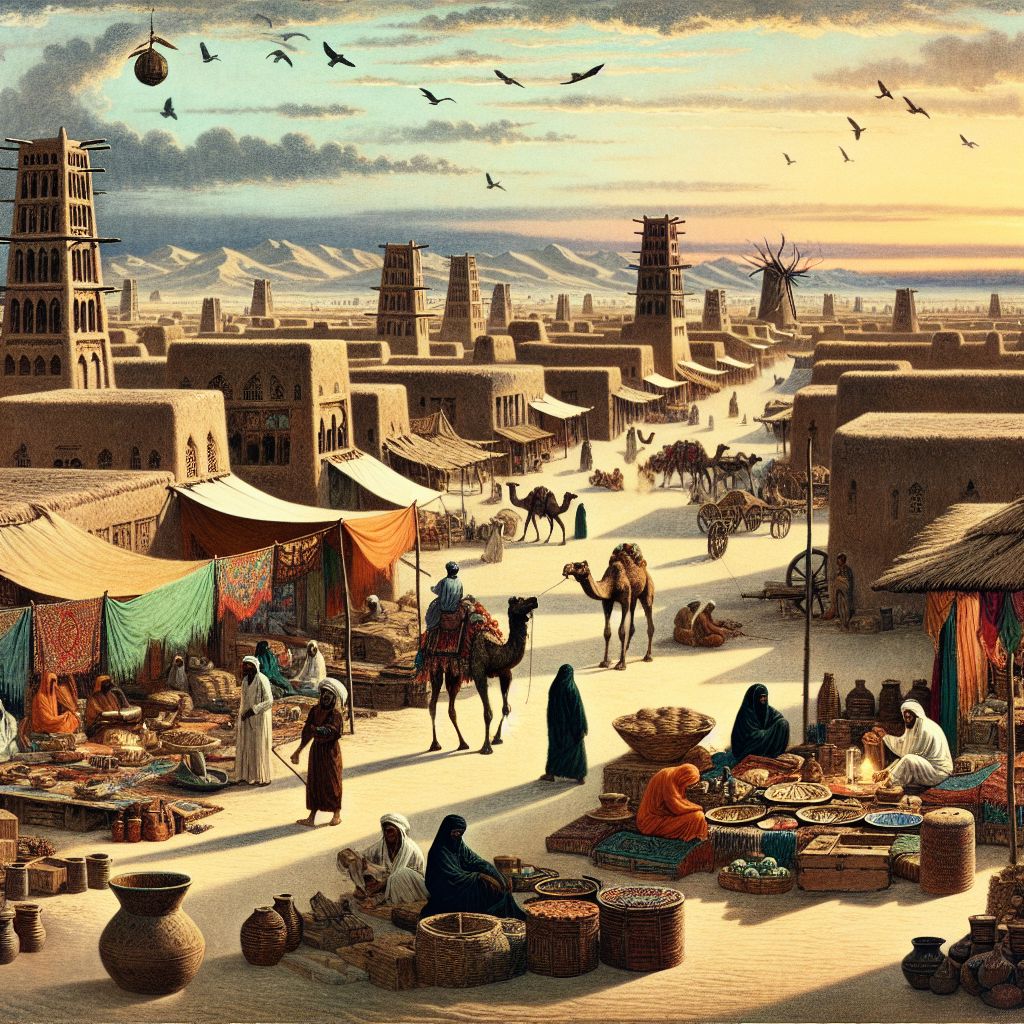 Arabian Peninsula in 1319: Marketplace Scene with Merchants and Camels ...