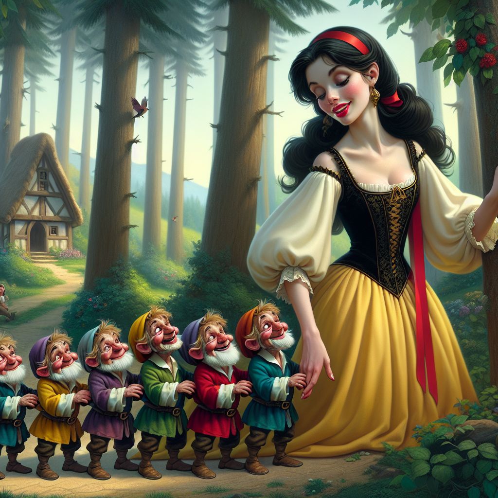Enchanting Fairy Tale Scene with Woman and Seven Dwarfs | AI Art Generator | Easy-Peasy.AI