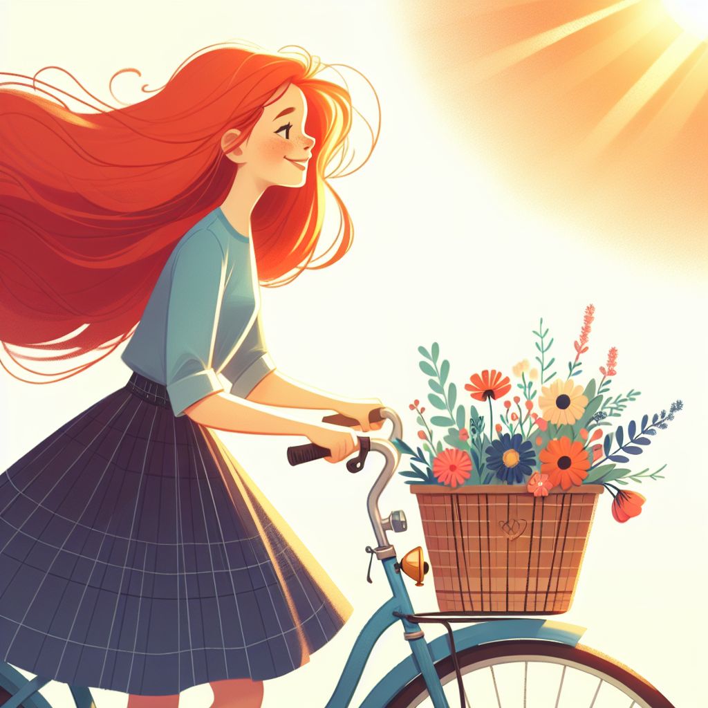 Red-Haired Girl Riding Blue Bicycle with Vibrant Flowers | Leisurely ...