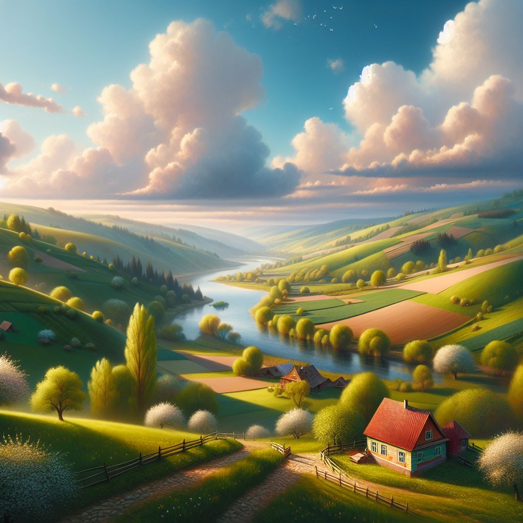 Tranquil Countryside Landscape with River, Cottage, and Fields | AI Art ...