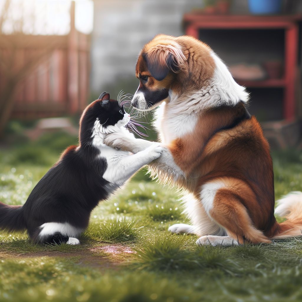 Delicate and Playful Cat and Dog Interaction | Outdoor Backyard Scene ...