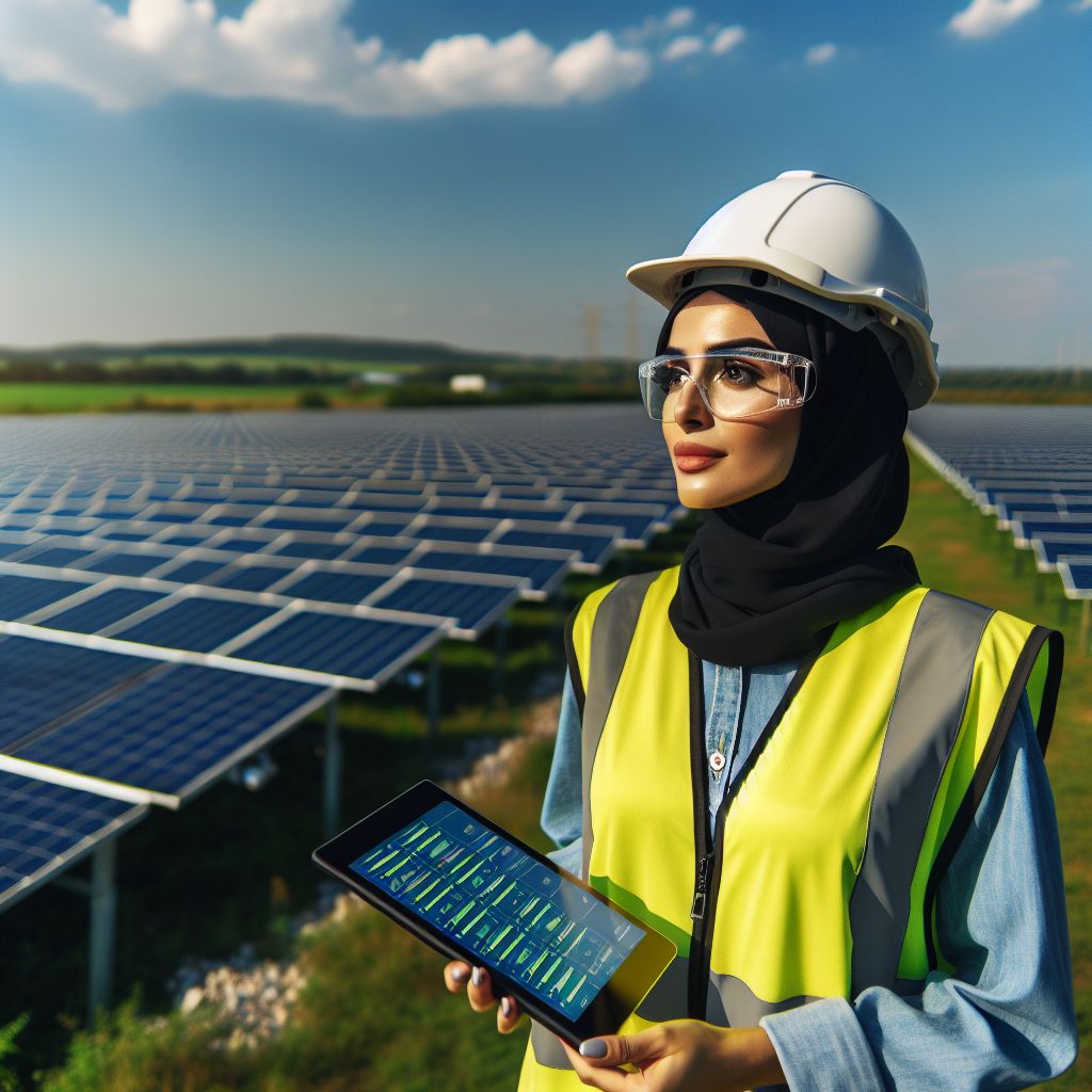 Female Engineer in Solar Farm Checking Efficiency | Solar Energy Data ...