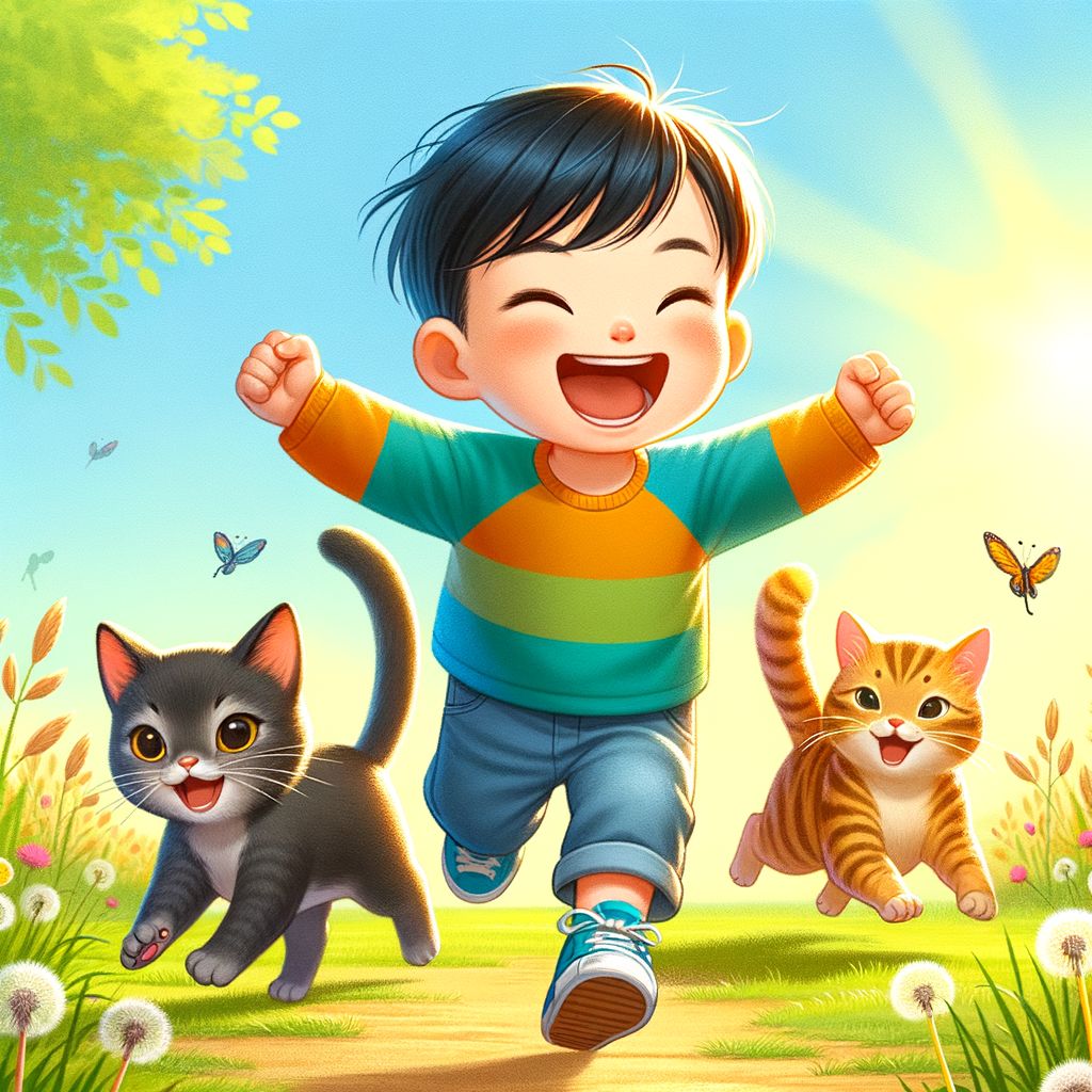 Ecstatic Asian Boy Running in Meadow with Cats | Outdoor Play Joy | AI ...