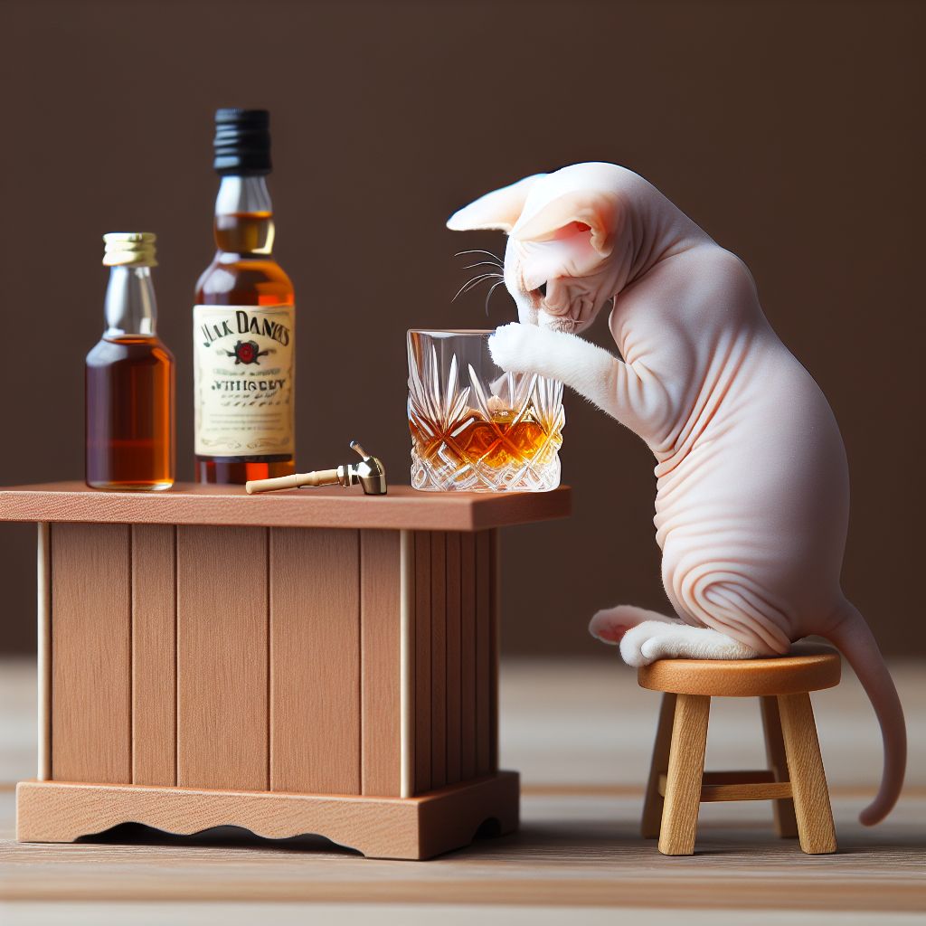 Bald Cat Indulging in Whiskey at Miniature Wooden Bar | AI Art ...
