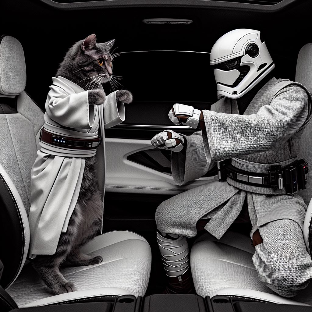 Jedi Cat vs Intergalactic Peacekeeper in Sports Car | Stylized Art | AI ...