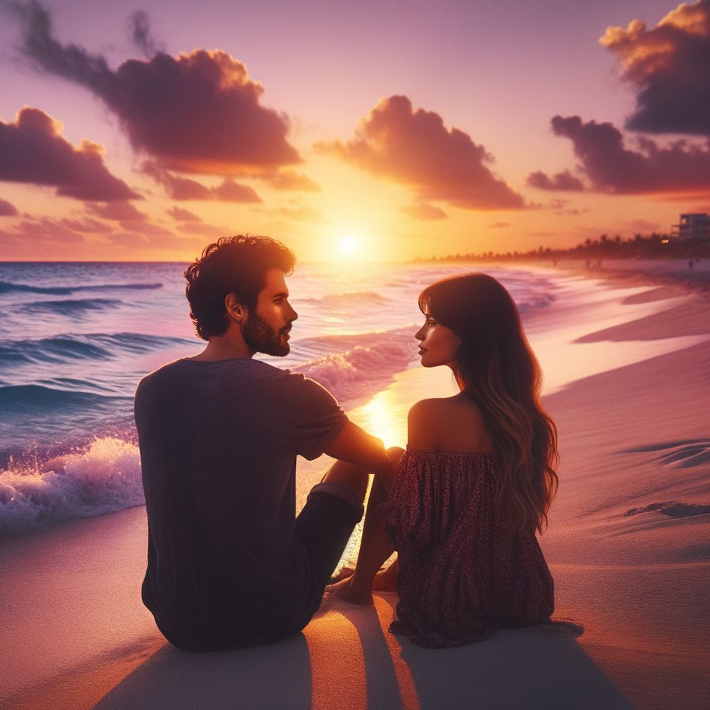 Romantic Sunset Beach Scene with Diverse Couple - Serene and Tranquil | AI Art Generator | Easy ...