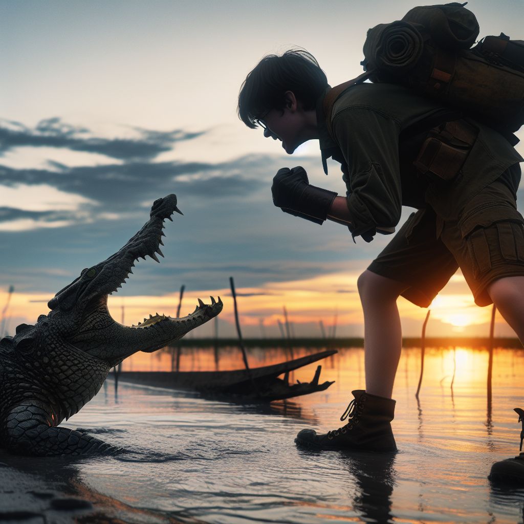 Confronting a Crocodile: Bold Encounter Explained | AI Art Generator | Easy-Peasy.AI