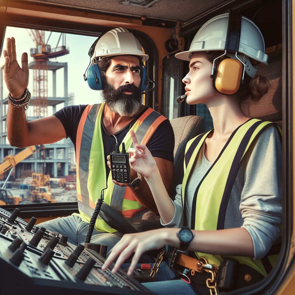 Professional Rigger Instructs Crane Operator at Construction Site | AI ...