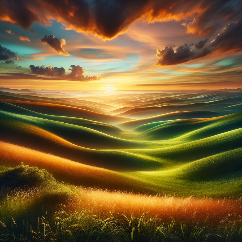 Tranquil Sunset Landscape with Rolling Hills | AI Art Generator | Easy-Peasy.AI