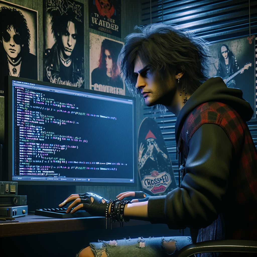 Skilled Hacker 'Kurt' in Grunge Style Coding Environment | AI Art ...
