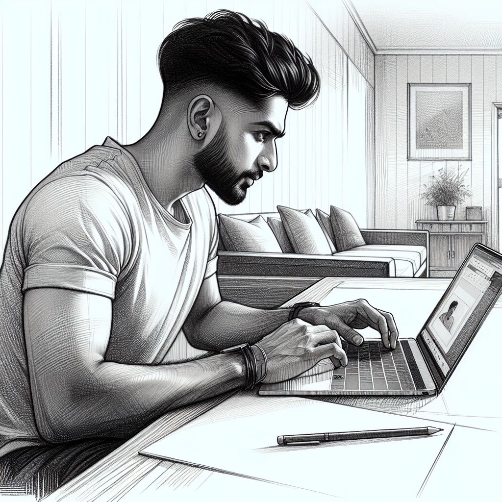 Detailed Sketch of South Asian Man Working on Laptop | AI Art Generator ...