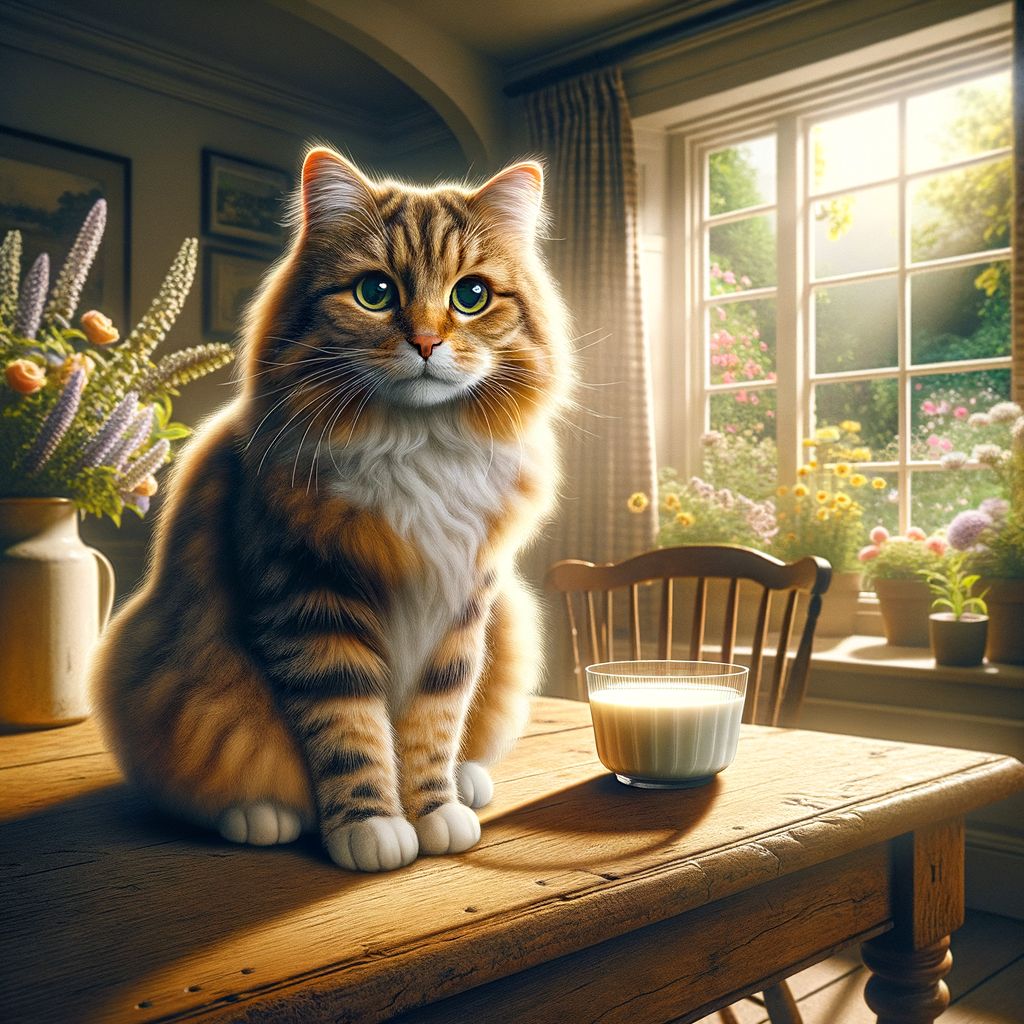 Cozy Home Scene with Fluffy Ginger Cat on Oak Wood Table | AI Art ...