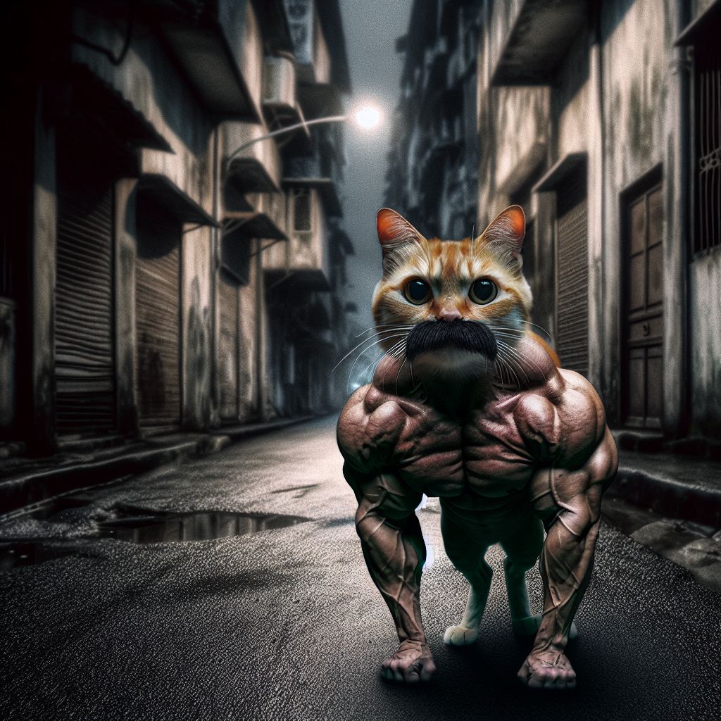 Muscular Mustache Cat on Ominous Street - Powerful Feline Stance | AI ...