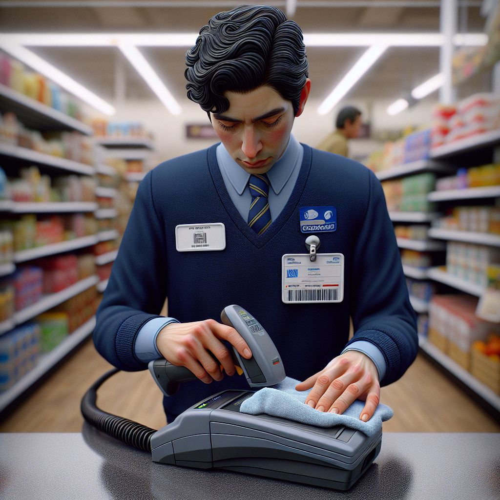 Hispanic Supermarket Employee Cleaning Barcode Scanner with Focus | AI ...