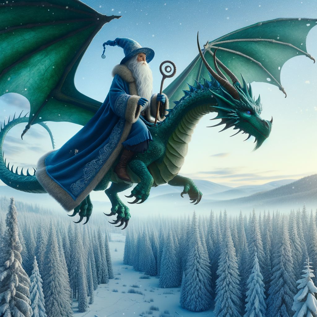 Father Frost Flying on Green Dragon in Snow-Covered Forest | AI Art ...