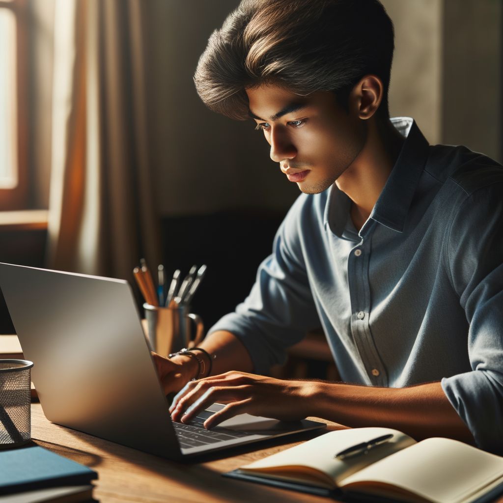 Determined South Asian Male Student Studying with Laptop at Wooden Desk ...