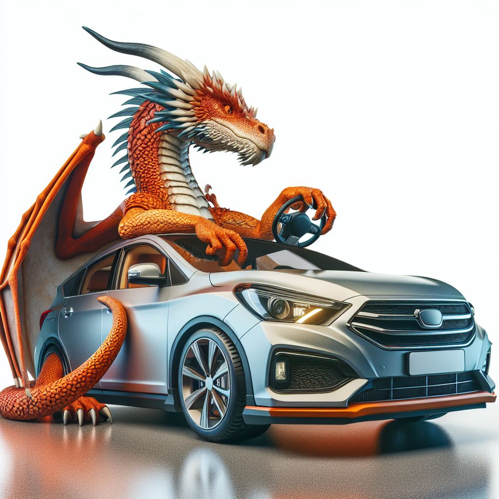 Vibrant Orange Dragon Driving Modern Passenger Car | AI Art Generator ...