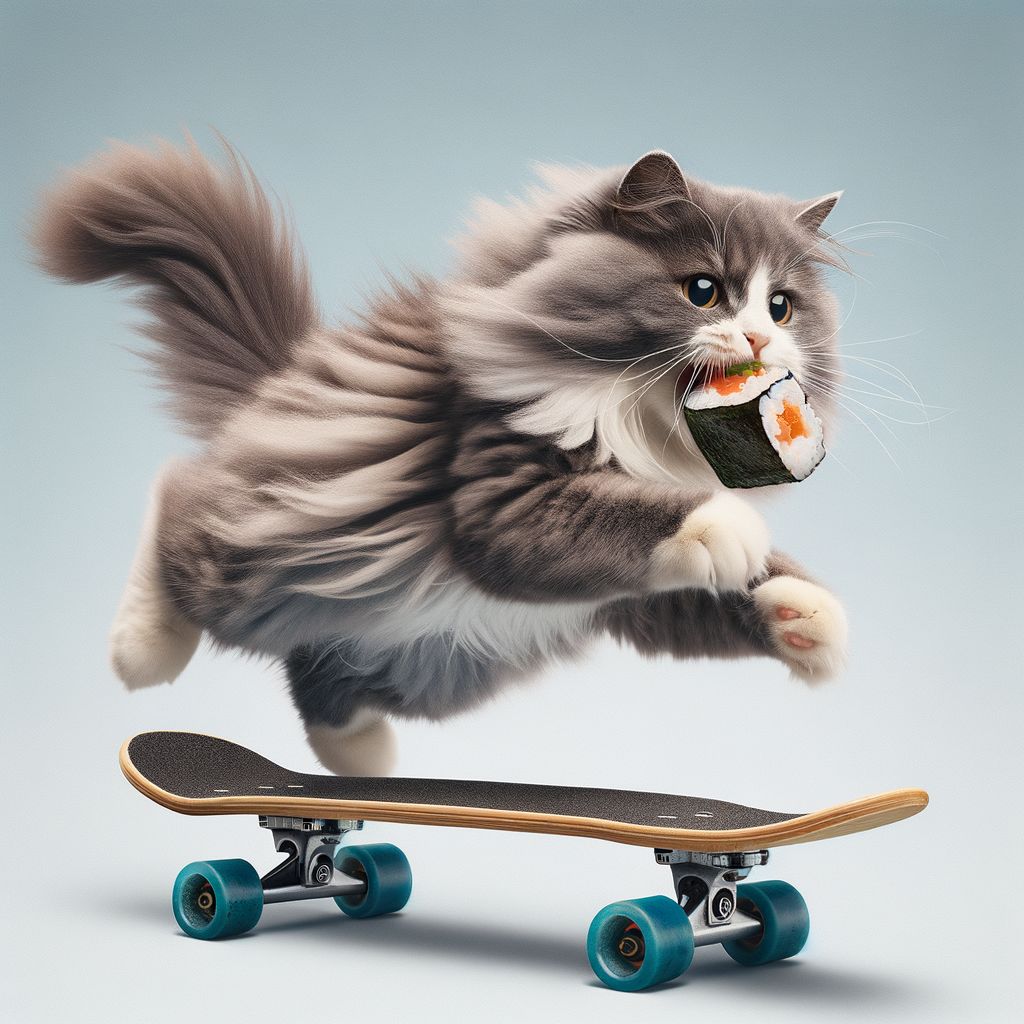 Skateboarding Cat Enjoys Sushi Adventure | AI Art Generator | Easy-Peasy.AI