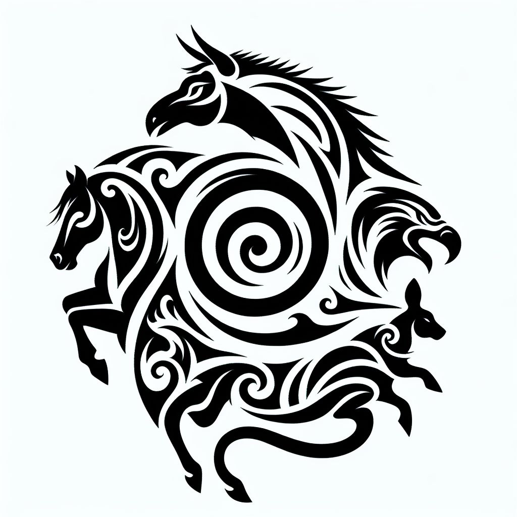 Spiral Tribal Tattoo with Horse, Bull, Eagle & Kangaroo | AI Art ...